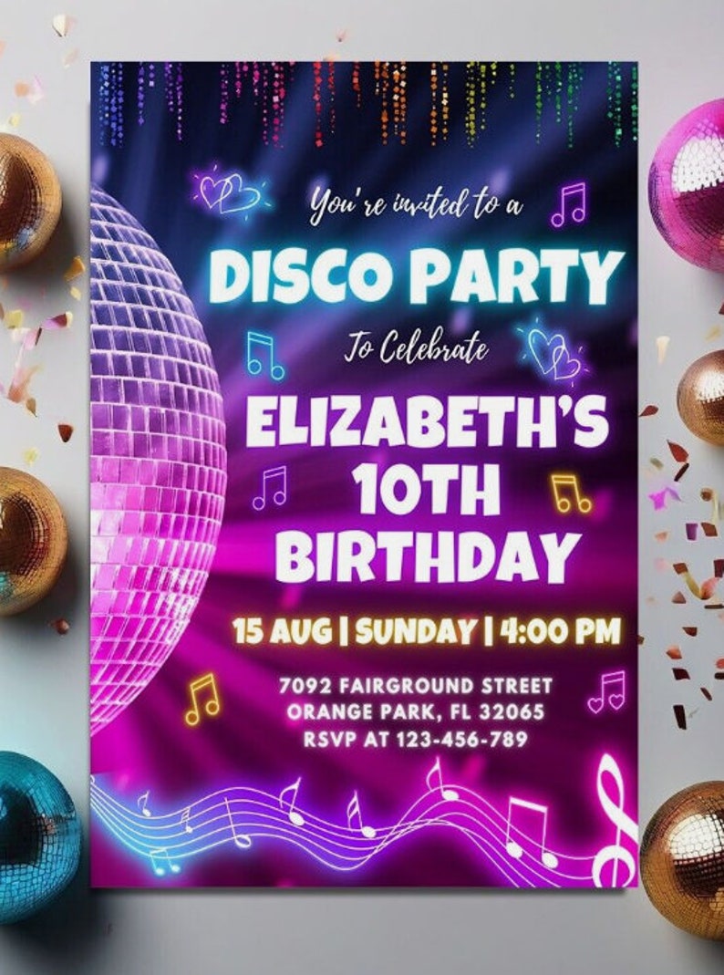 Disco Night Party Invitation Template, Boys, Girls Party EDITABLE ...
