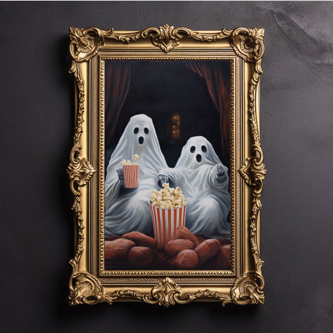 Two Ghosts Sitting With Popcorn, Vintage Ghost Painting,oil Painting ...