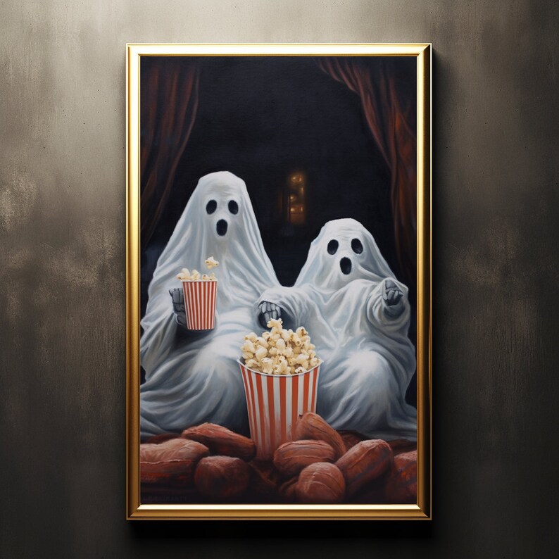 Two Ghosts Sitting With Popcorn, Vintage Ghost Painting,oil Painting ...