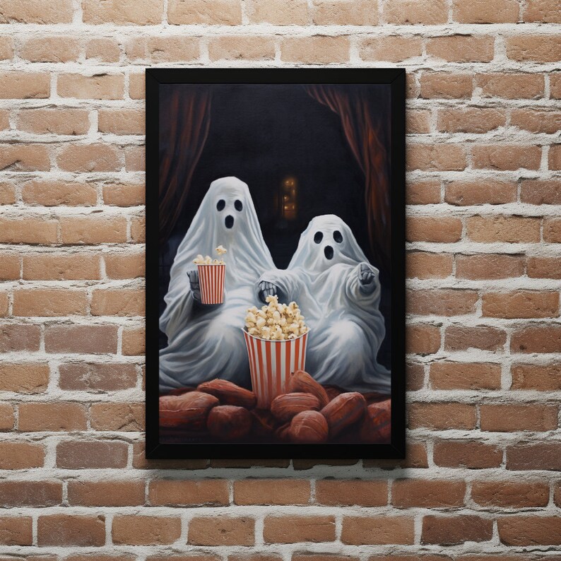 Two Ghosts Sitting With Popcorn, Vintage Ghost Painting,oil Painting ...
