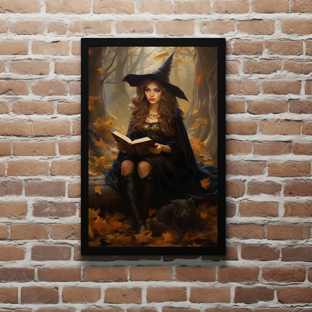 Witch Reading Book in Fall Forest, Vintage Oil Painting Wall Art Print ...