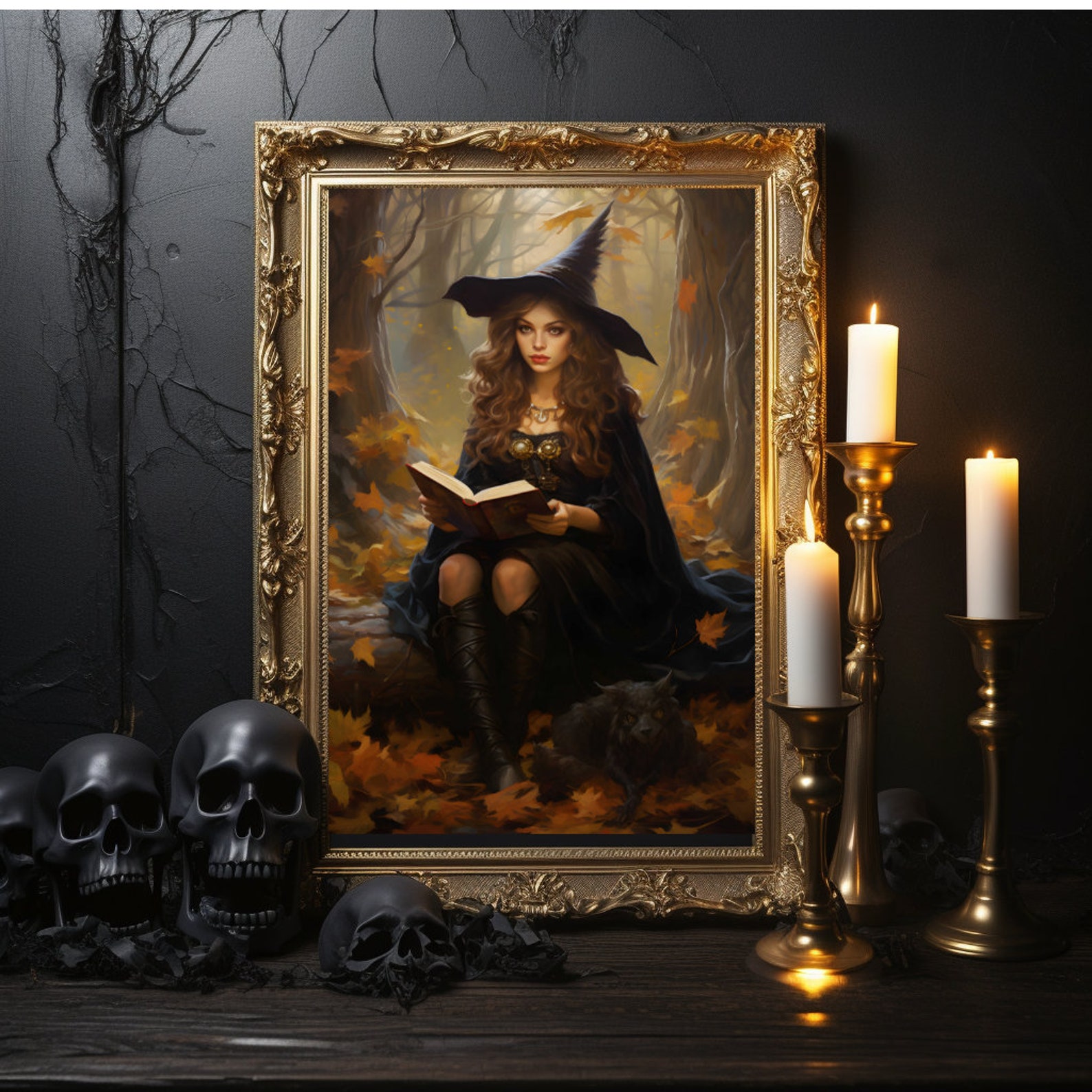 Witch Reading Book in Fall Forest, Vintage Oil Painting Wall Art Print ...