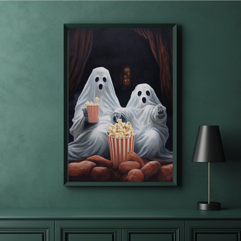 Two Ghosts Sitting With Popcorn, Vintage Ghost Painting,oil Painting ...