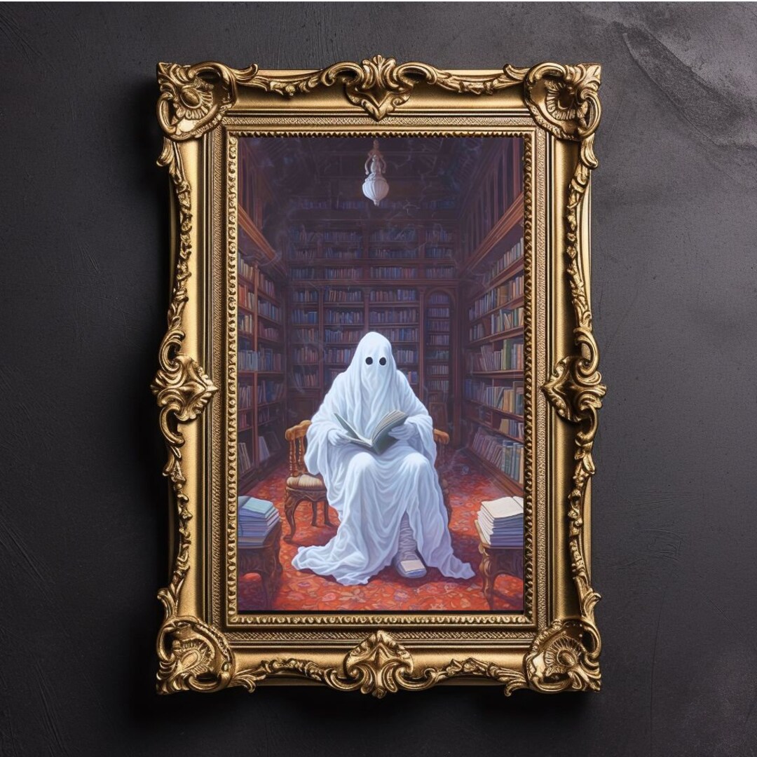 Ghost Reading a Book in Library, Vintage Ghost Painting, Oil Painting ...