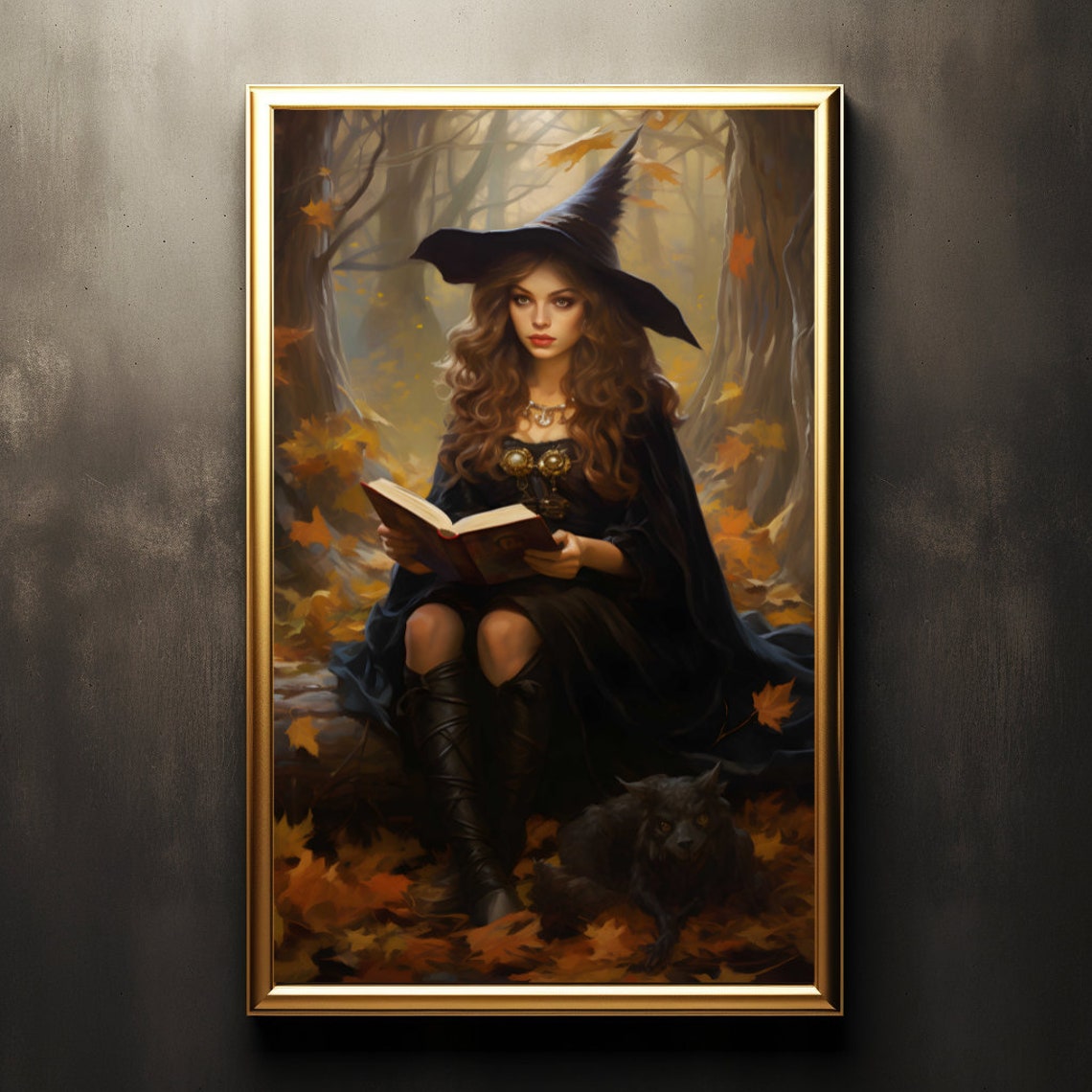 Witch Reading Book in Fall Forest, Vintage Oil Painting Wall Art Print ...