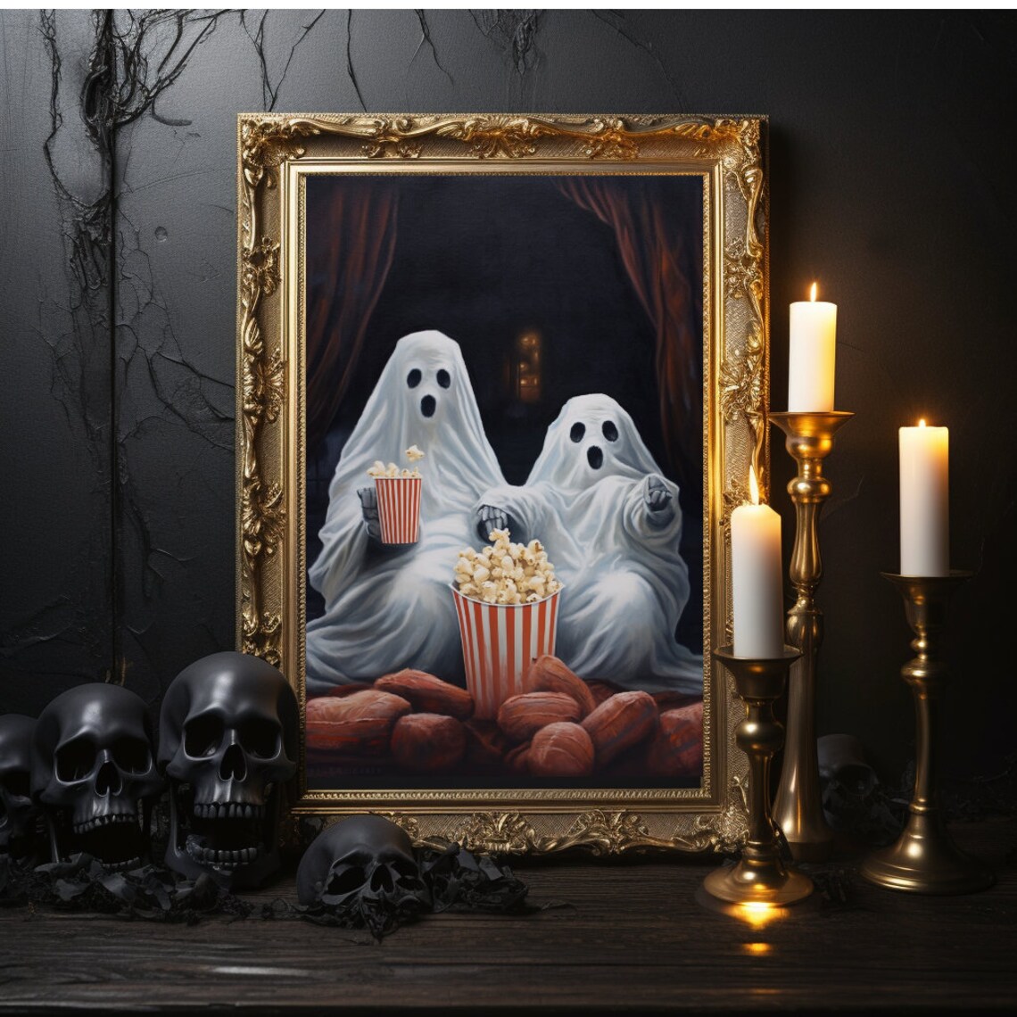 Two Ghosts Sitting With Popcorn, Vintage Ghost Painting,oil Painting ...
