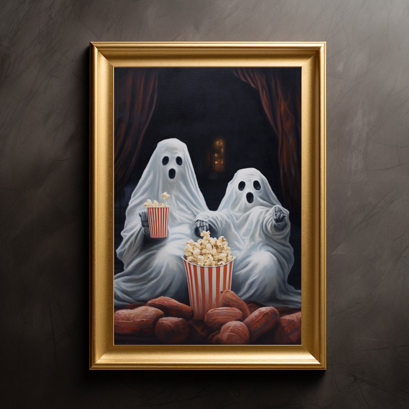 Two Ghosts Sitting With Popcorn, Vintage Ghost Painting,oil Painting ...