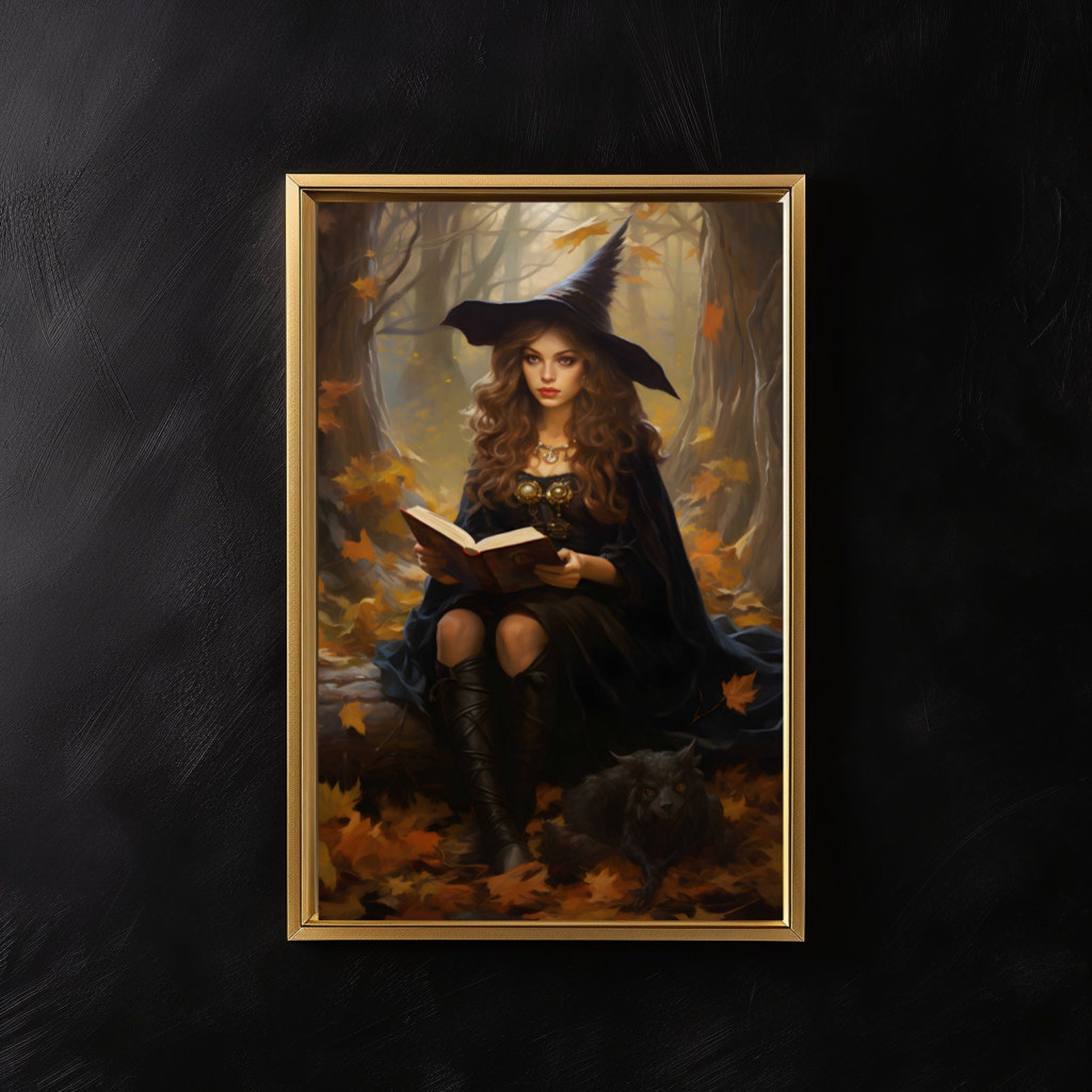 Witch Reading Book in Fall Forest, Vintage Oil Painting Wall Art Print ...