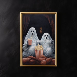 Two Ghosts Sitting With Popcorn, Vintage Ghost Painting,oil Painting ...