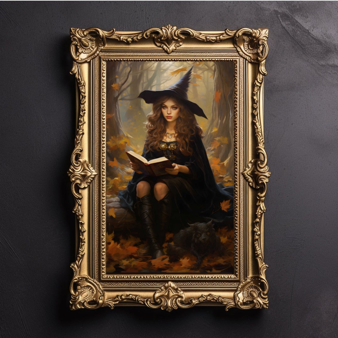 Witch Reading Book in Fall Forest, Vintage Oil Painting Wall Art Print ...