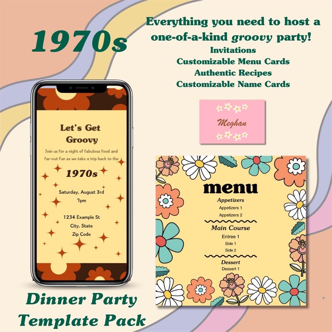 1970s Dinner Party Idea and Template Pack Custom Menus, Invitations ...