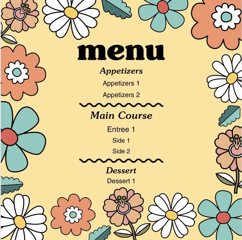 1970s Dinner Party Idea and Template Pack - Custom Menus, Invitations ...