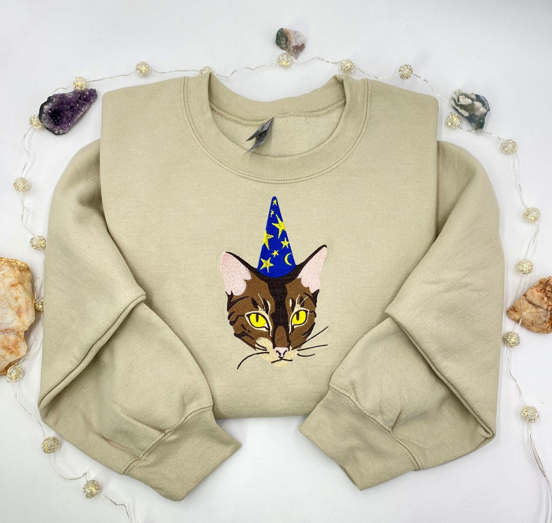 Sweatshirt Cat in Magic Hat, Original Cat Embroidery, Exclusive Pattern ...