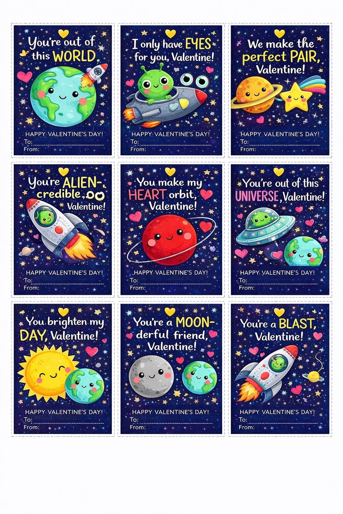 Printable Space Valentines Day Cards, Kids Classroom Valentines ...
