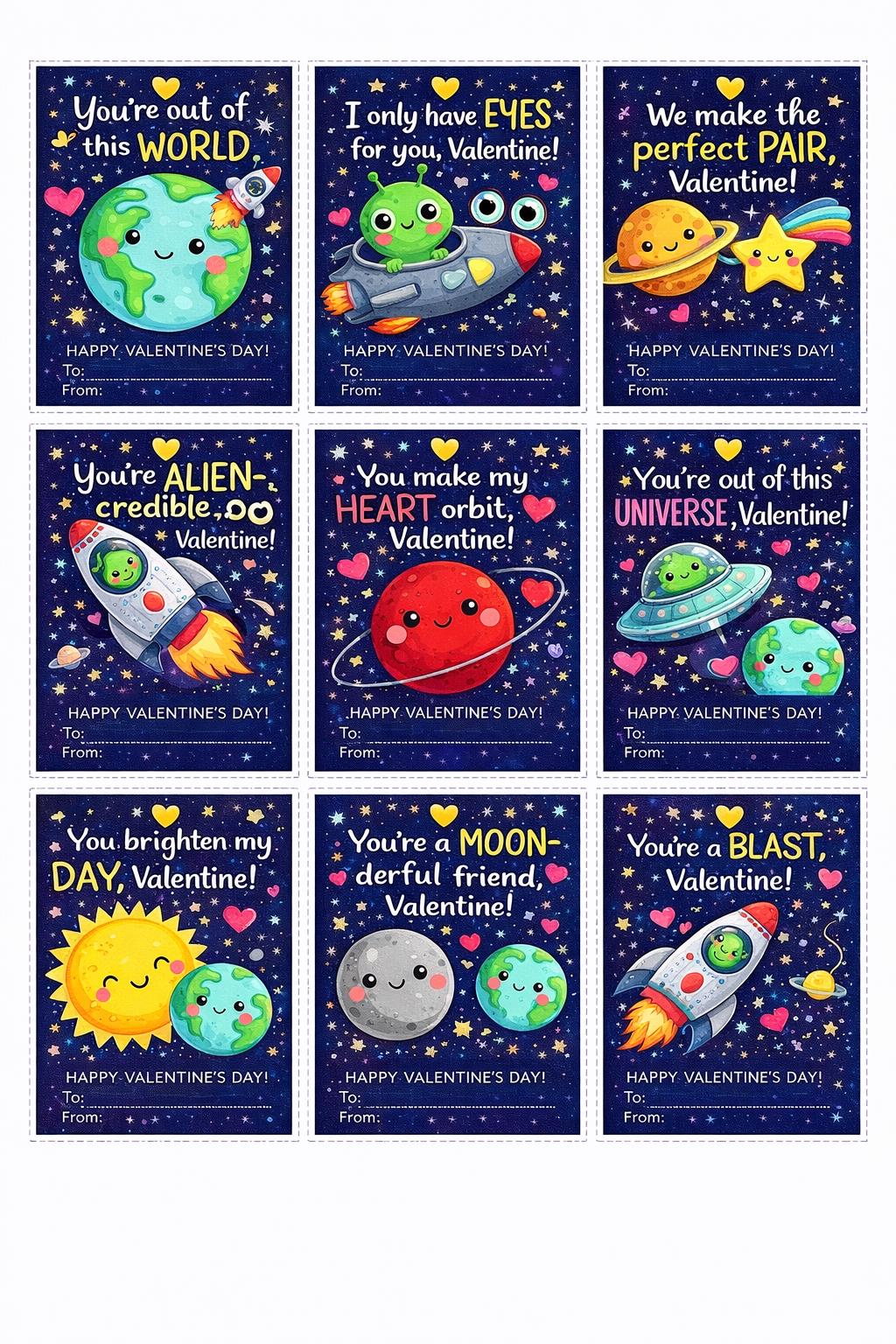 Printable Space Valentines Day Cards, Kids Classroom Valentines ...