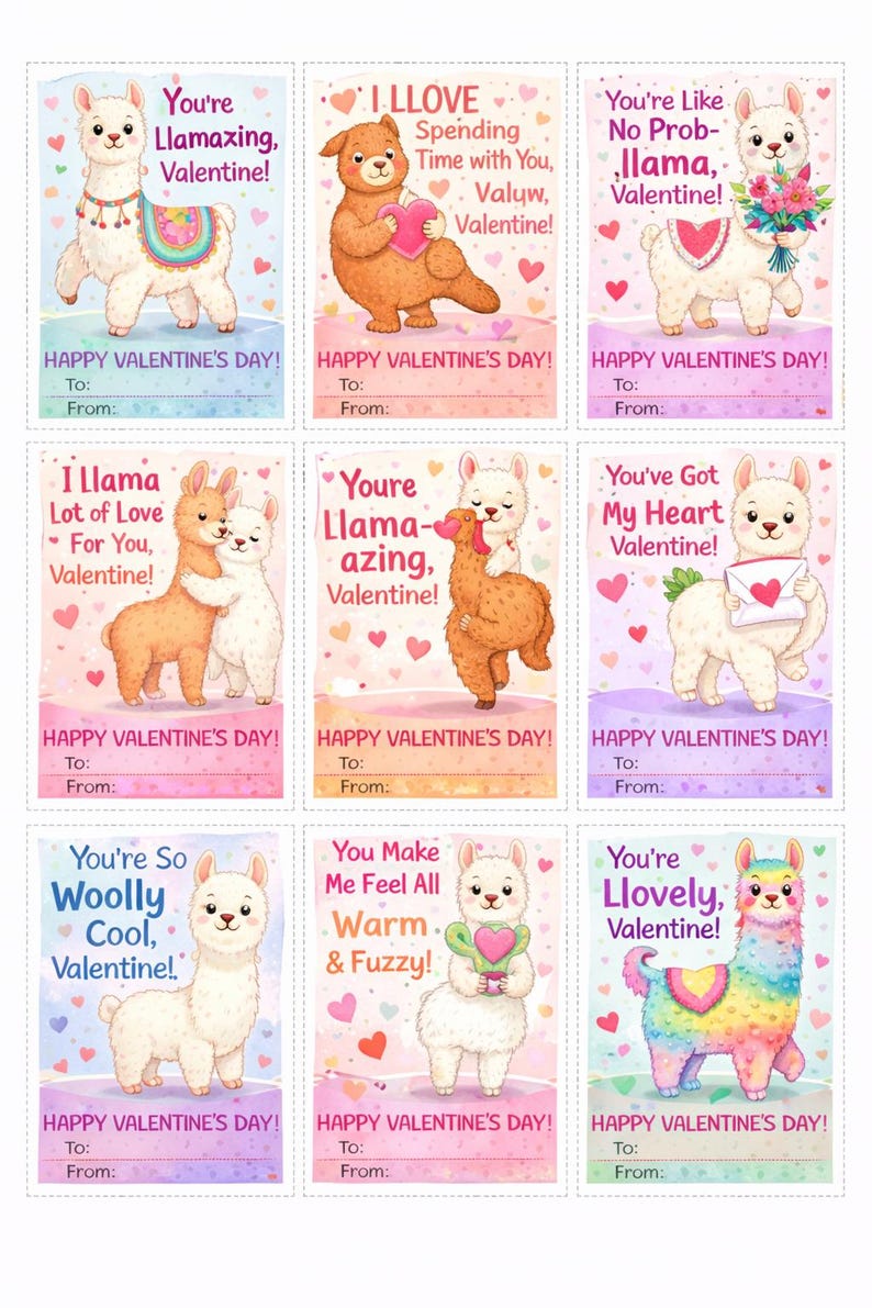 Llama Valentine, Printable Classroom Valentines, Kids School Valentines ...