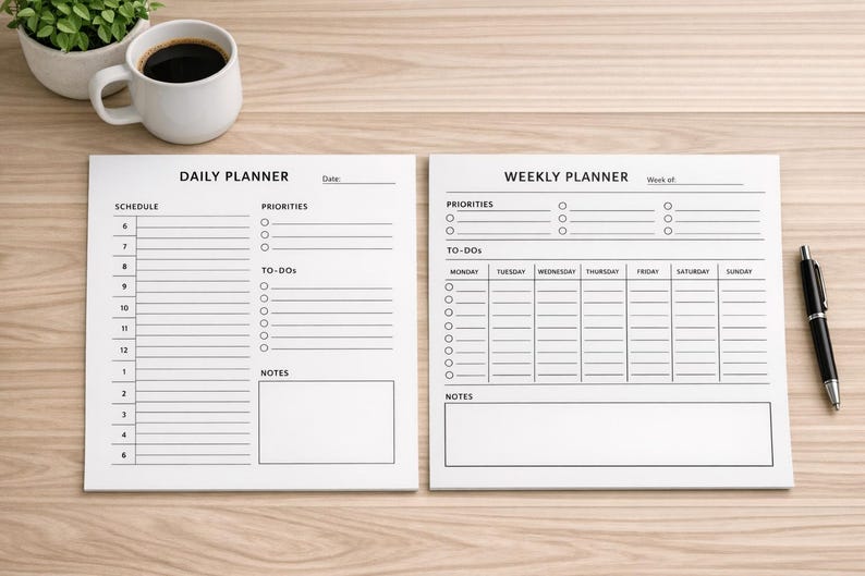 Minimalist Daily Weekly Planner Bundle: Black White Printable Schedule ...