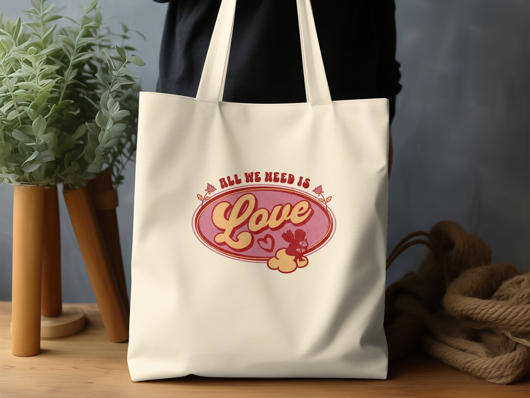 Vintage Love Slogan Tote Bag, Retro Cupid Heart Design, Eco-friendly ...