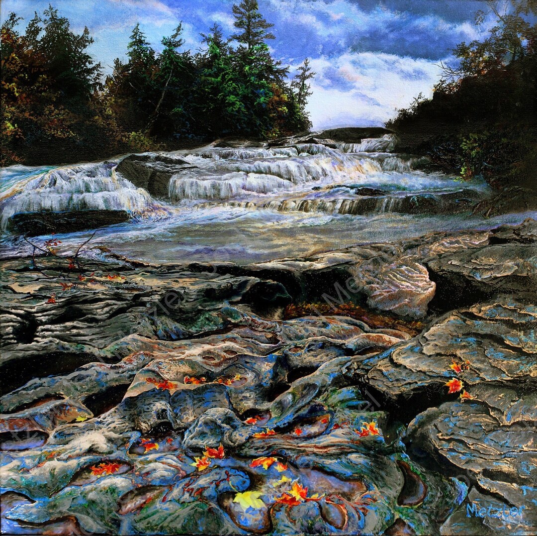 Art Print of an Original Acrylic Forest Waterfall Painting | Aesthetic ...