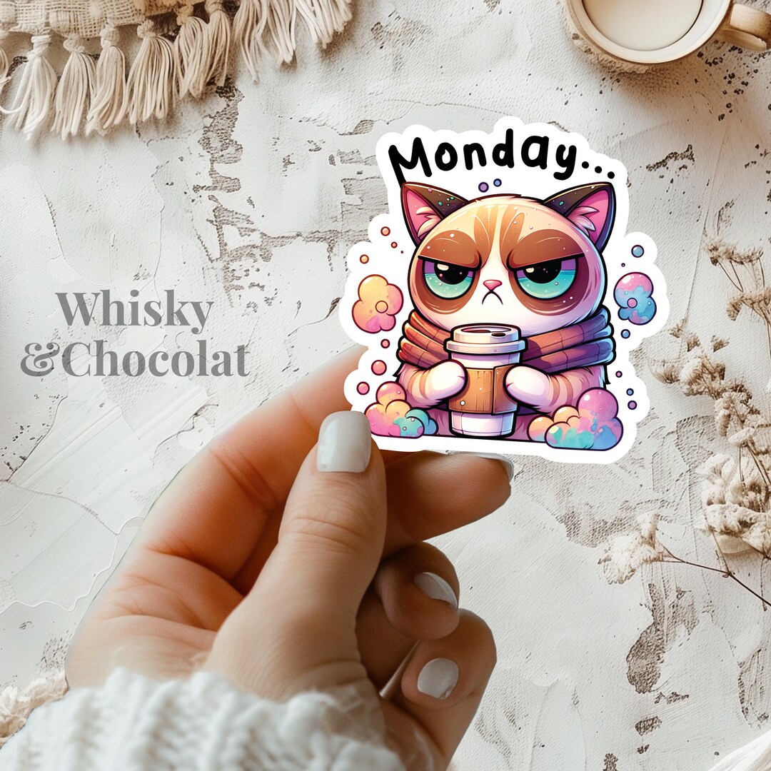 Grumpy Cat Drinking Coffee Sticker, Funny Cat Sticker, Cat Lovers, Pet ...