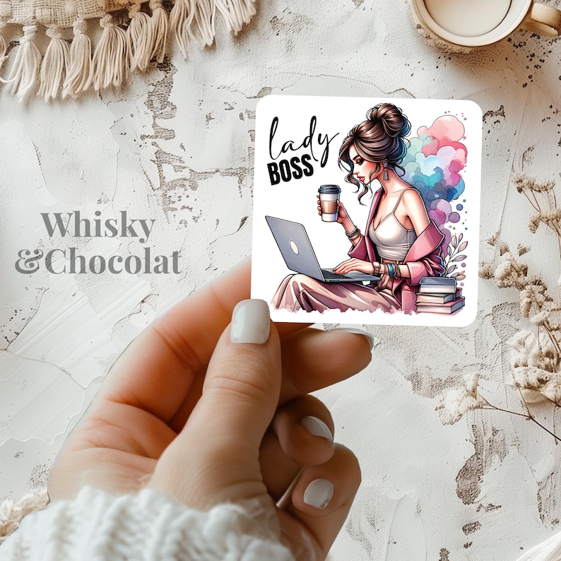 Lady Boss Sticker, Beautiful Girl Working on Laptop Sticker, Watercolor ...