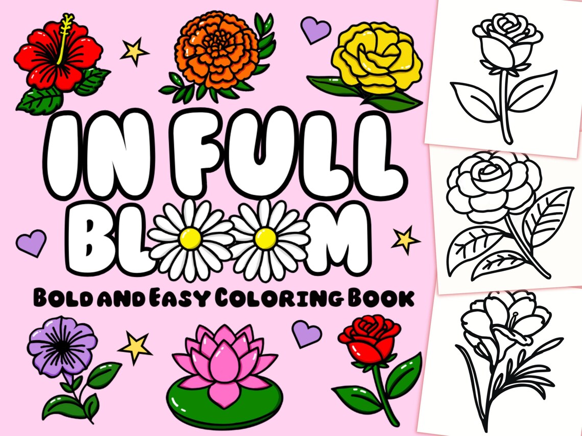 In Full Bloom - Coloring Book Bold and Easy Digital Coloring Book Adult ...