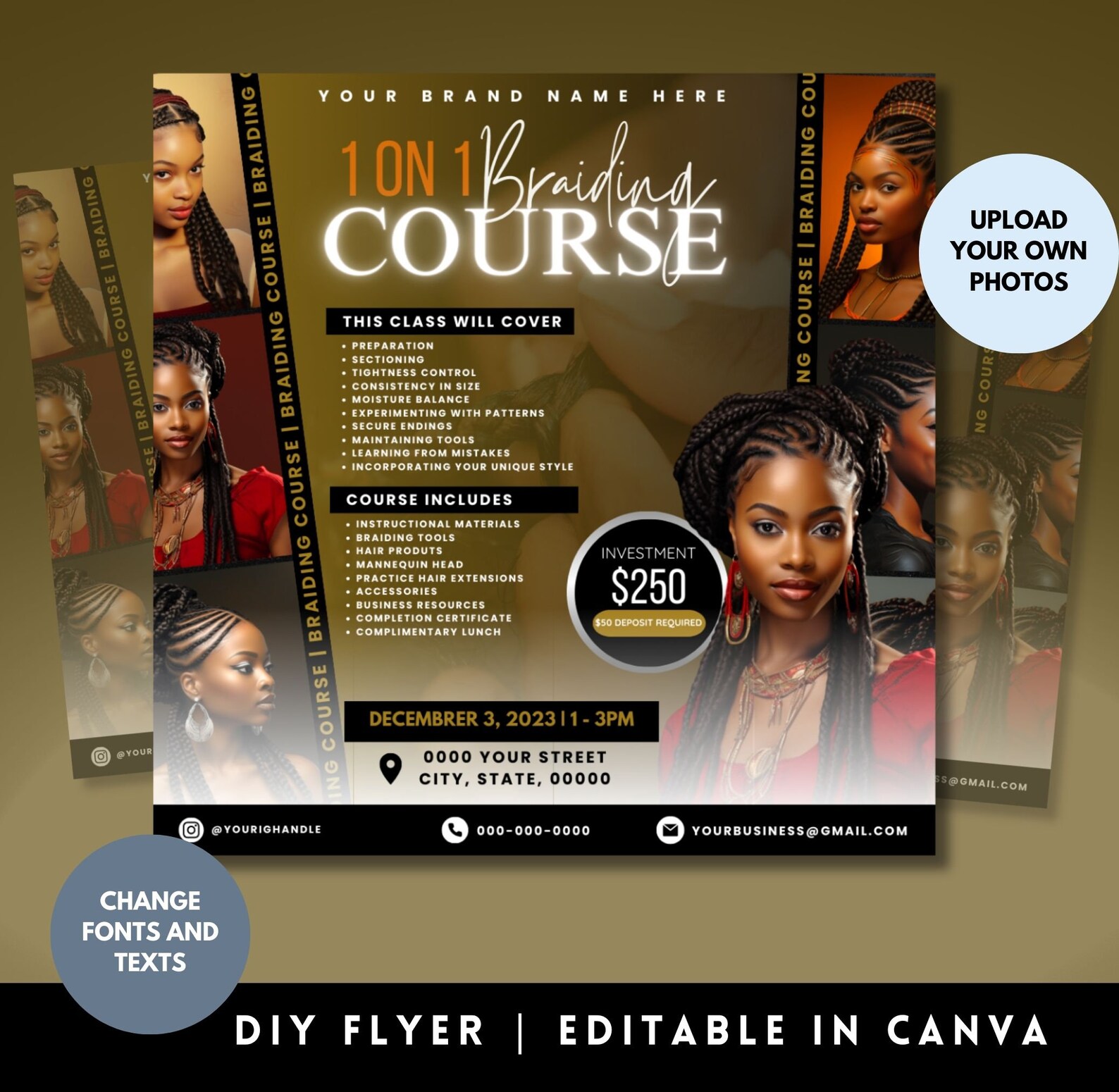 Braid Like a Pro Canva Flyer Template | Gold Braid Class Course Flyer ...
