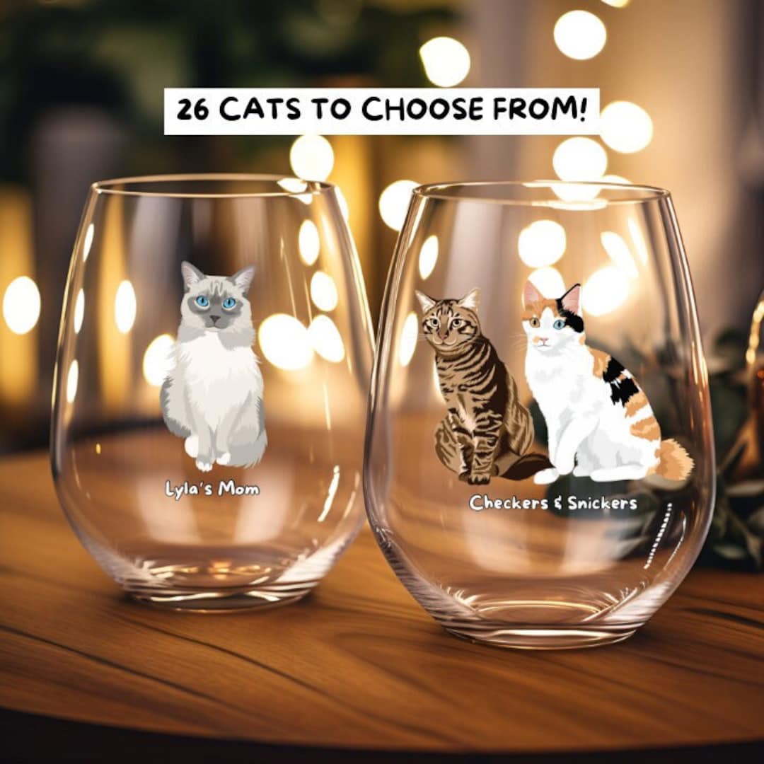 Custom Cat Wine Glass Using Name & Photo, Personalized Cat Stemless ...