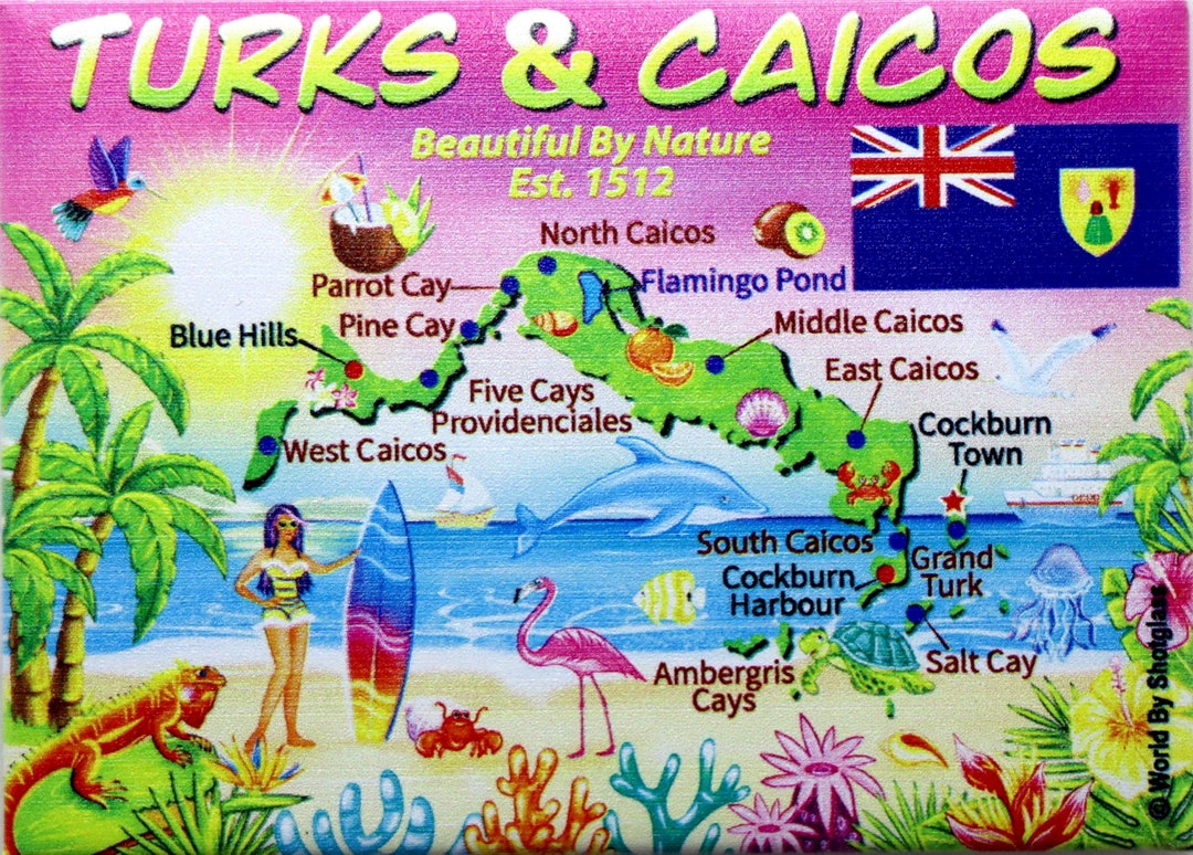Turks & Caicos Graphic Map and Attractions Souvenir Fridge Magnet 2.5 ...