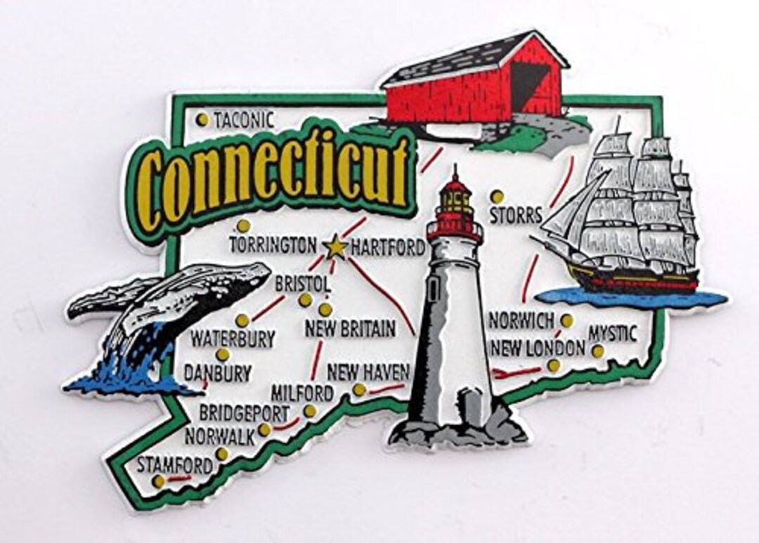Connecticut State Map and Landmarks Collage Fridge Souvenir Collectible ...