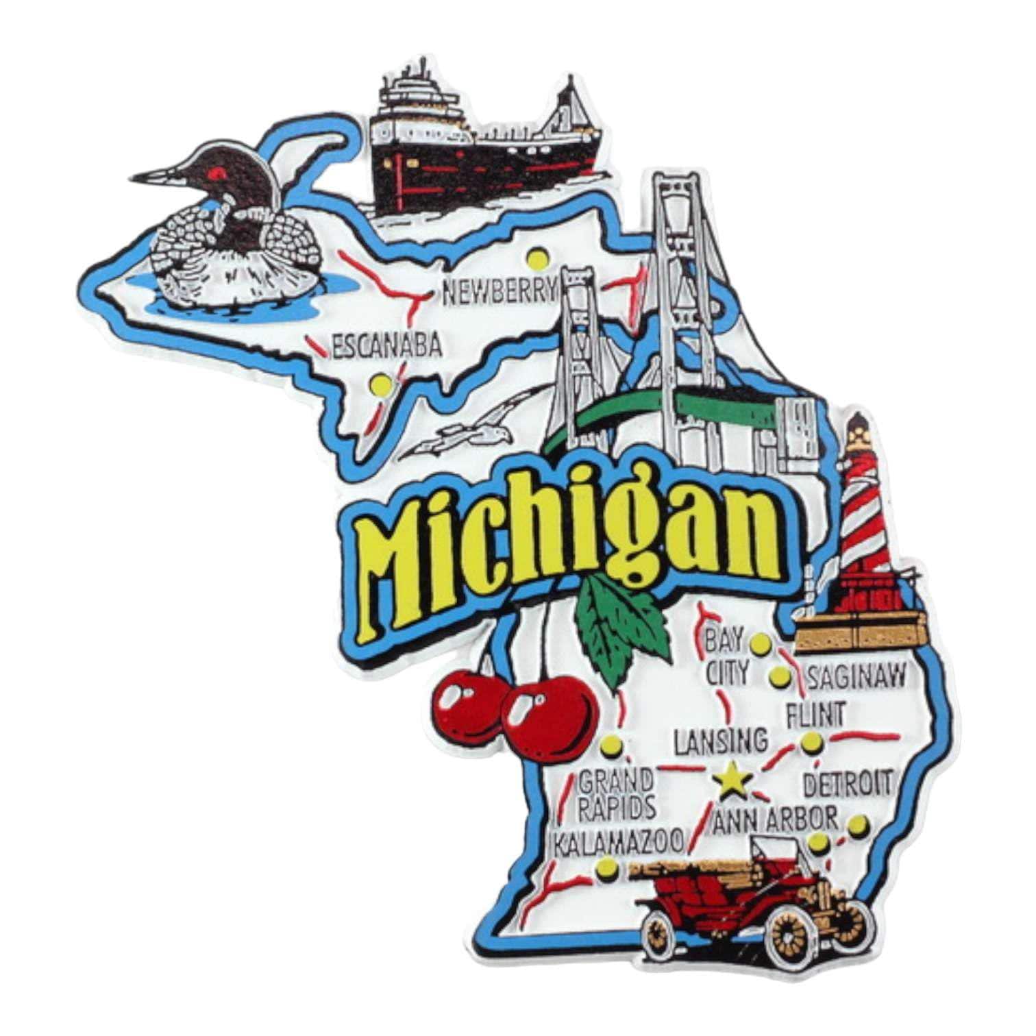 Michigan State Map and Landmarks Collage Fridge Collectible Souvenir ...