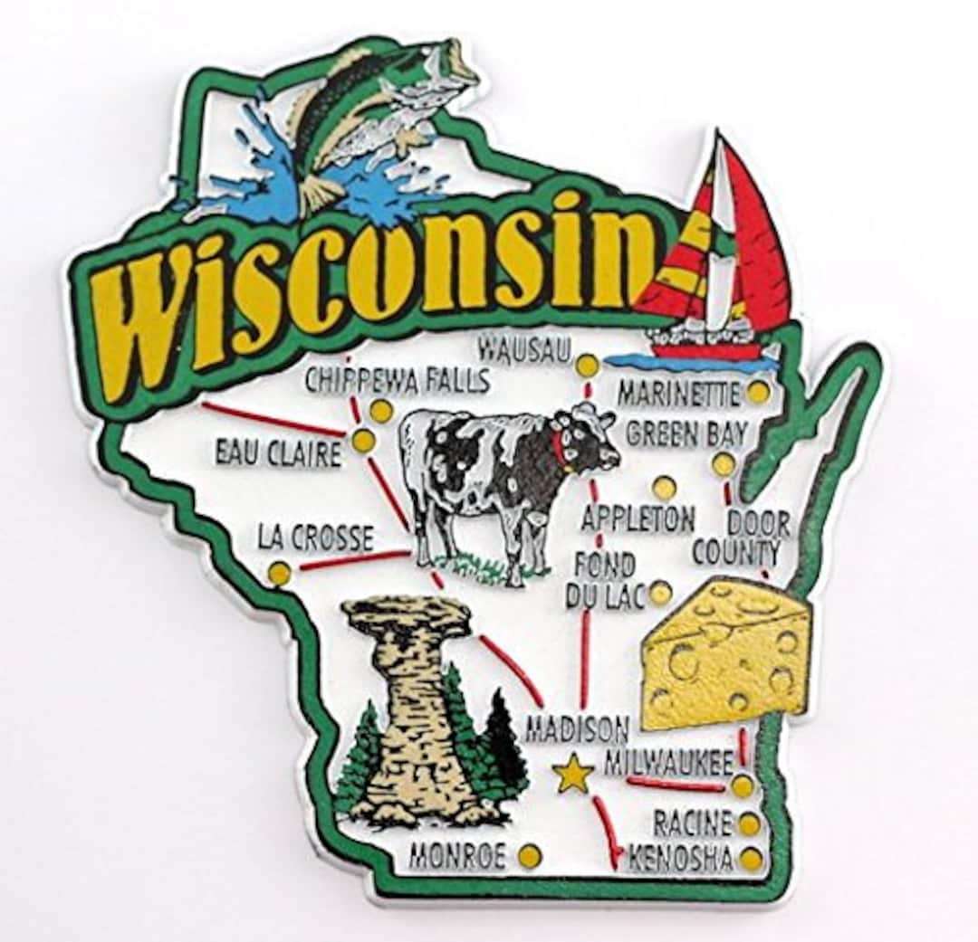 Wisconsin State Map and Landmarks Collage Fridge Souvenir Collectible ...