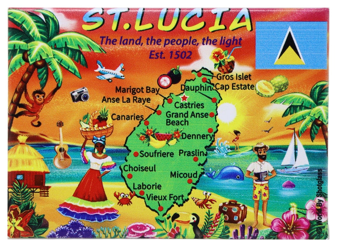 St. Lucia Map Graphic Map and Attractions Souvenir Fridge Magnet 2.5" X ...