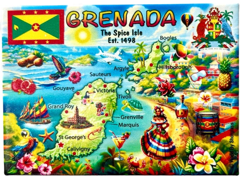 Grenada Graphic Map and Attractions Souvenir Fridge Magnet 2.5" X 3.5 ...