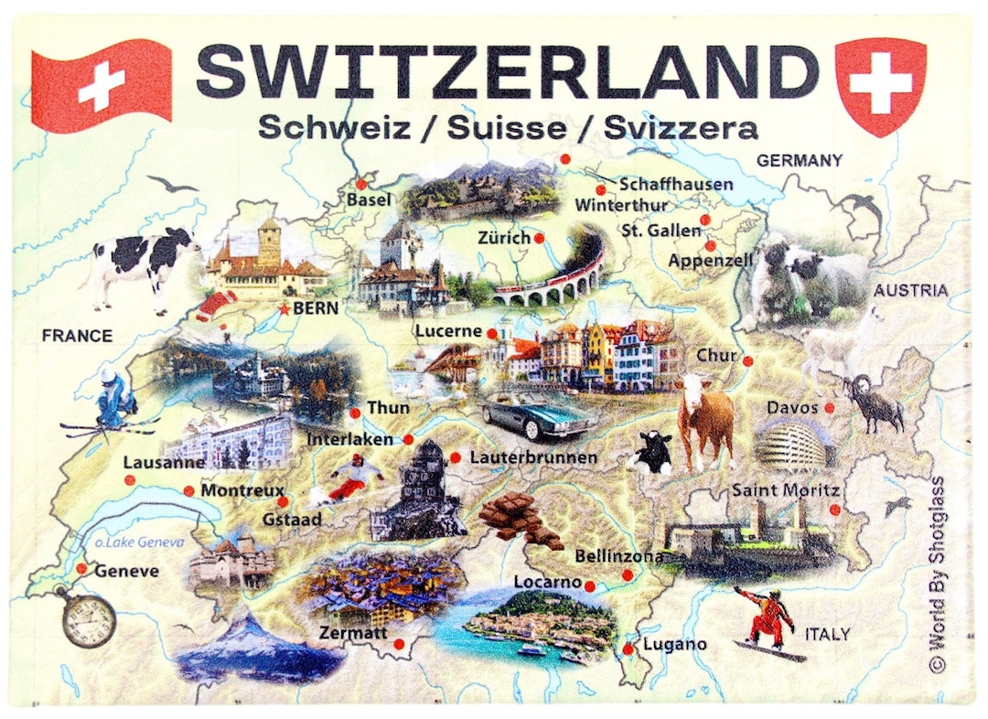 Switzerland Graphic Map and Attractions Souvenir Fridge Magnet 2.5 X 3. ...