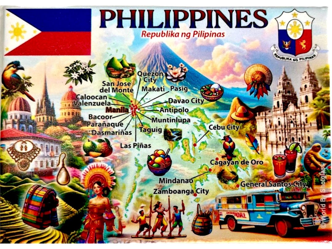 Philippines Graphic Map and Attractions Souvenir Fridge Magnet 2.5" X 3 ...