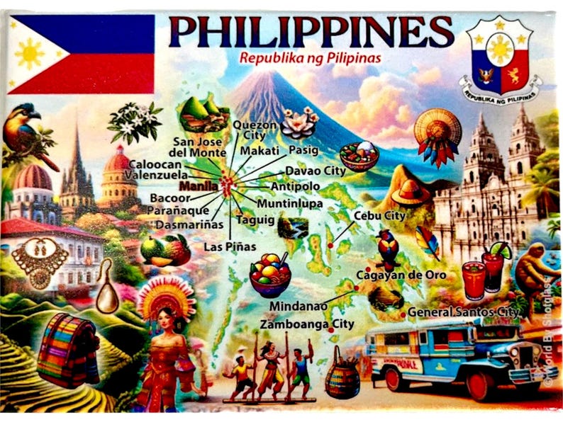 Philippines Graphic Map and Attractions Souvenir Fridge Magnet 2.5 X 3. ...