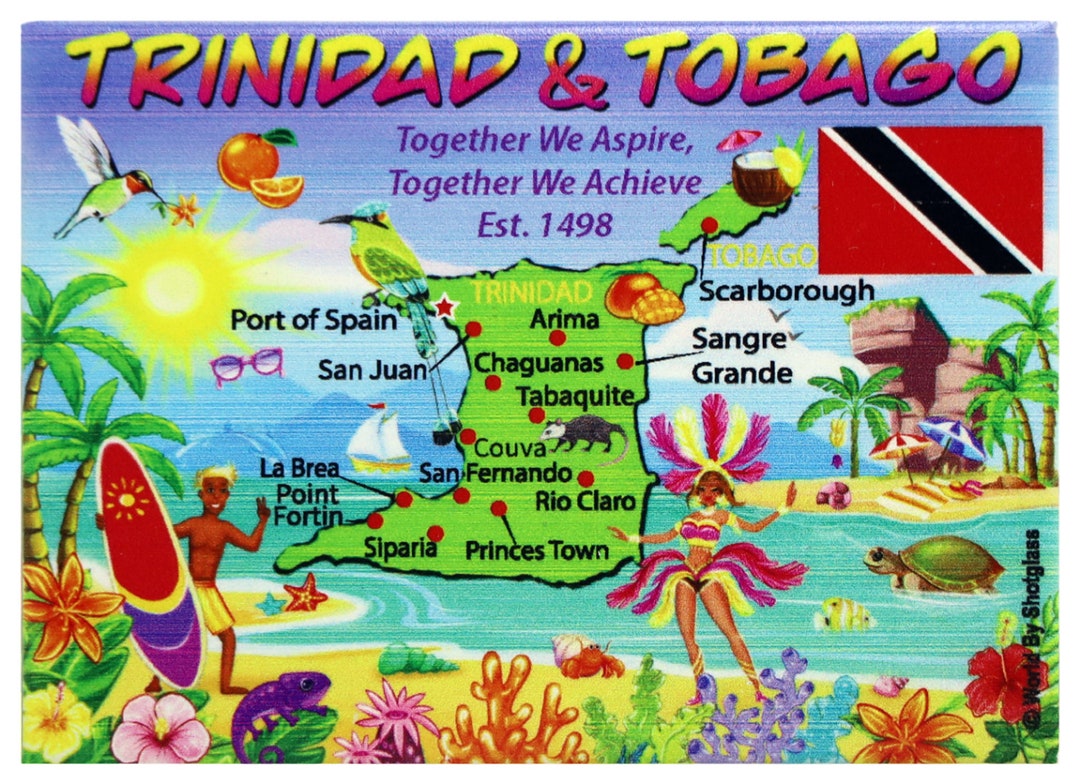 Trinidad & Tobago Graphic Map and Attractions Souvenir Fridge Magnet 2. ...