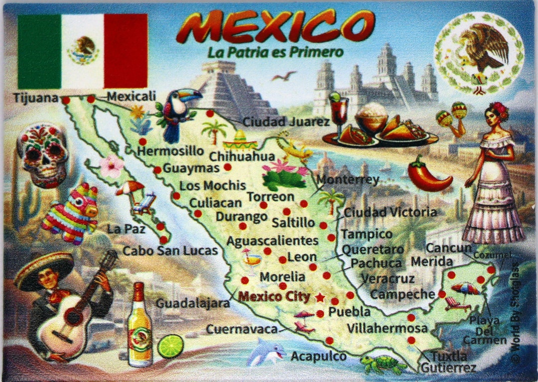 Mexico Graphic Map and Attractions Souvenir Fridge Magnet 2.5" X 3.5 ...