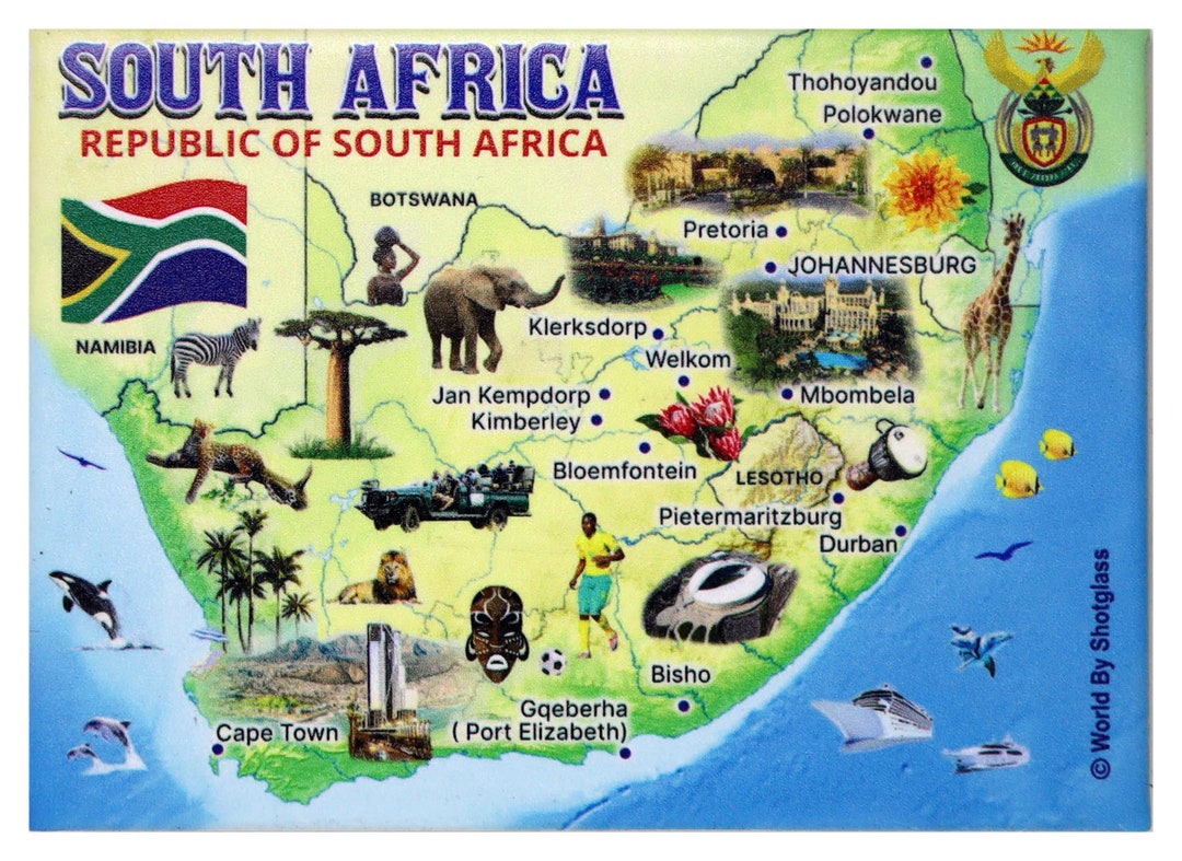 South Africa (rsa) Graphic Map and Attractions Souvenir Fridge Magnet 2 ...