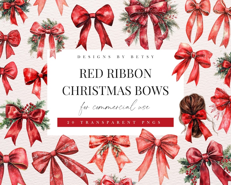 Watercolor Red Bows Clipart Bundle, Red Ribbon Christmas Bows Clipart ...