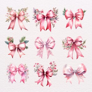 Watercolor Pink Bows Clipart Bundle, Pink Ribbon Christmas Bows Clipart ...