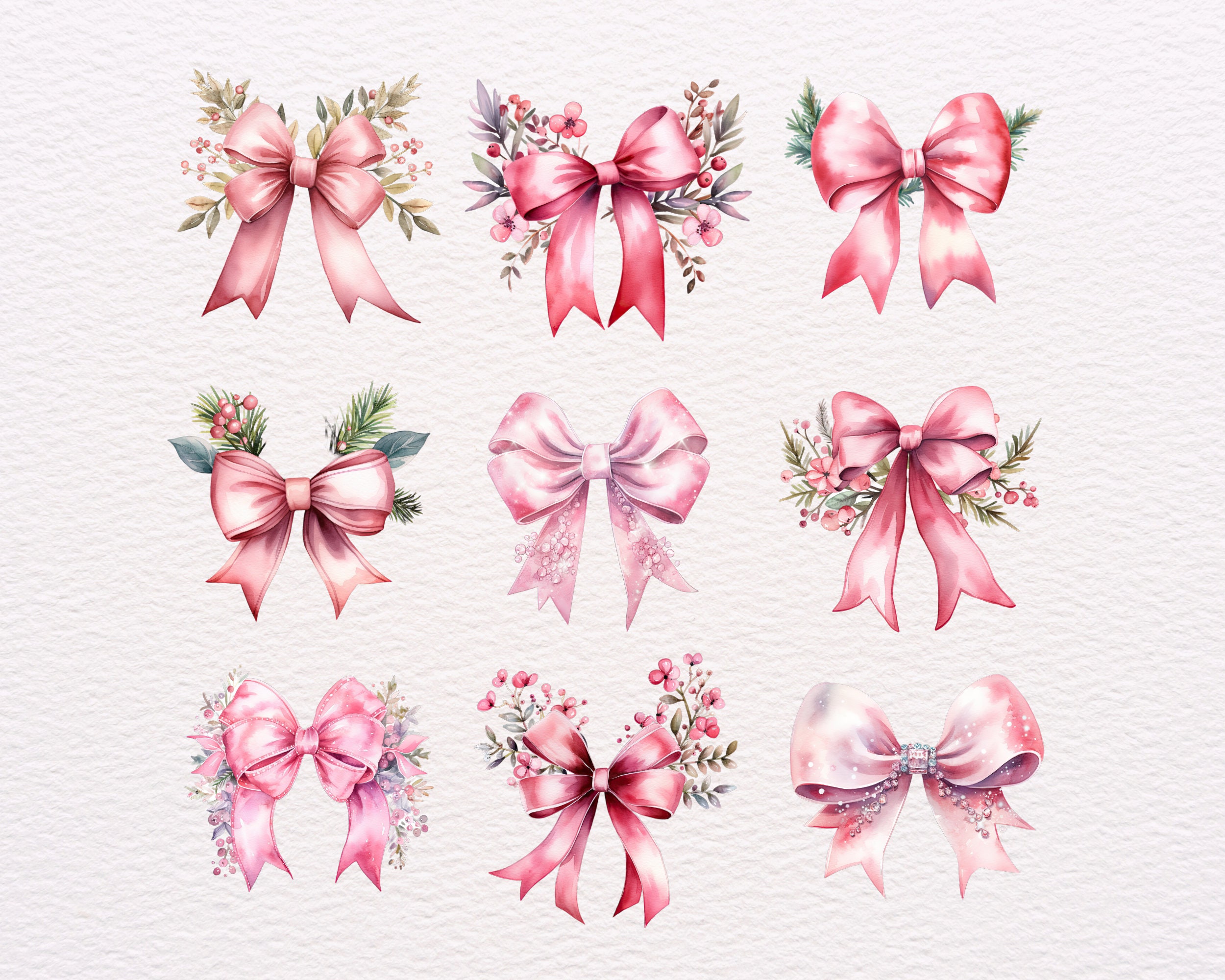 Watercolor Pink Bows Clipart Bundle, Pink Ribbon Christmas Bows Clipart ...