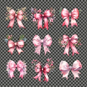Watercolor Pink Bows Clipart Bundle, Pink Ribbon Christmas Bows Clipart ...