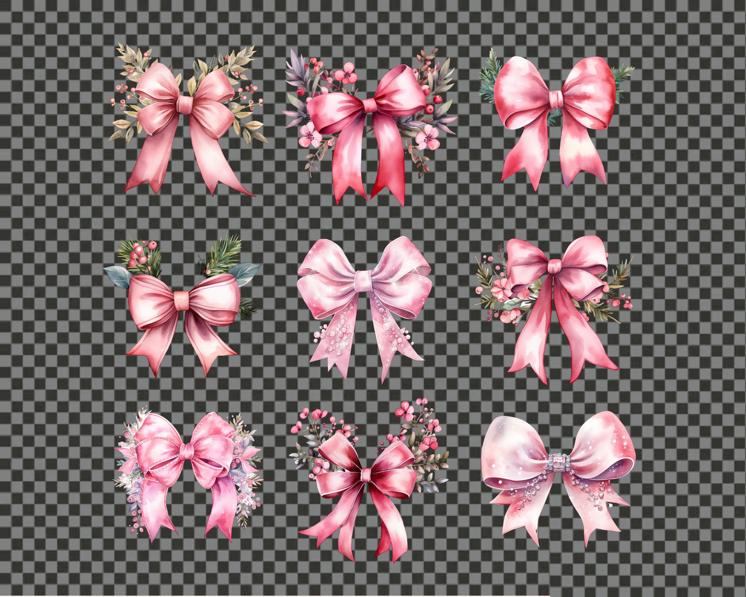 Watercolor Pink Bows Clipart Bundle, Pink Ribbon Christmas Bows Clipart ...