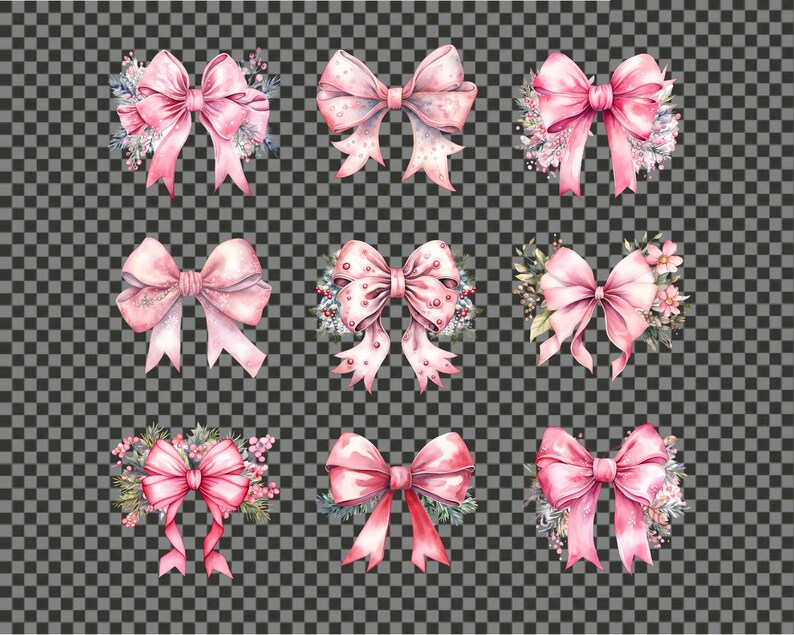 Watercolor Pink Bows Clipart Bundle, Pink Ribbon Christmas Bows Clipart ...