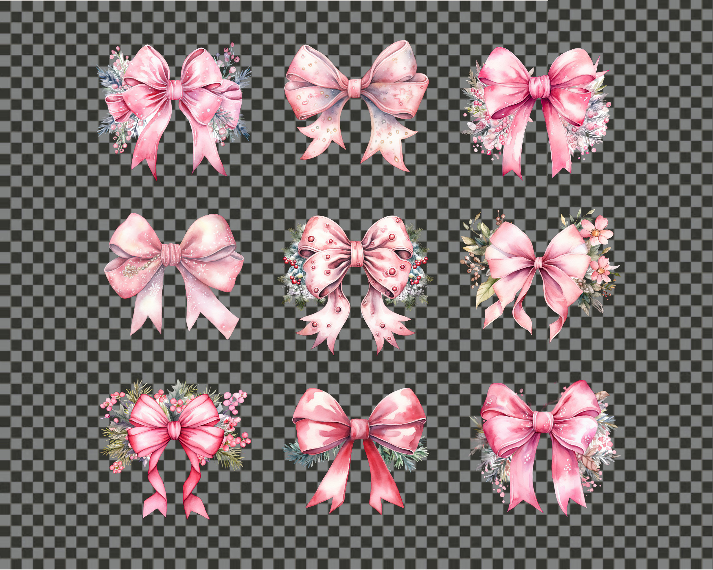Watercolor Pink Bows Clipart Bundle, Pink Ribbon Christmas Bows Clipart ...