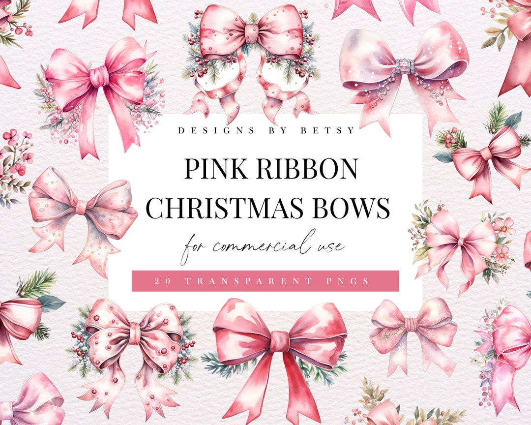 Watercolor Pink Bows Clipart Bundle, Pink Ribbon Christmas Bows Clipart ...