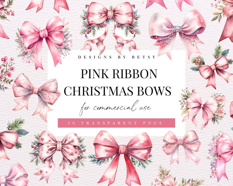 Watercolor Pink Bows Clipart Bundle, Pink Ribbon Christmas Bows Clipart ...