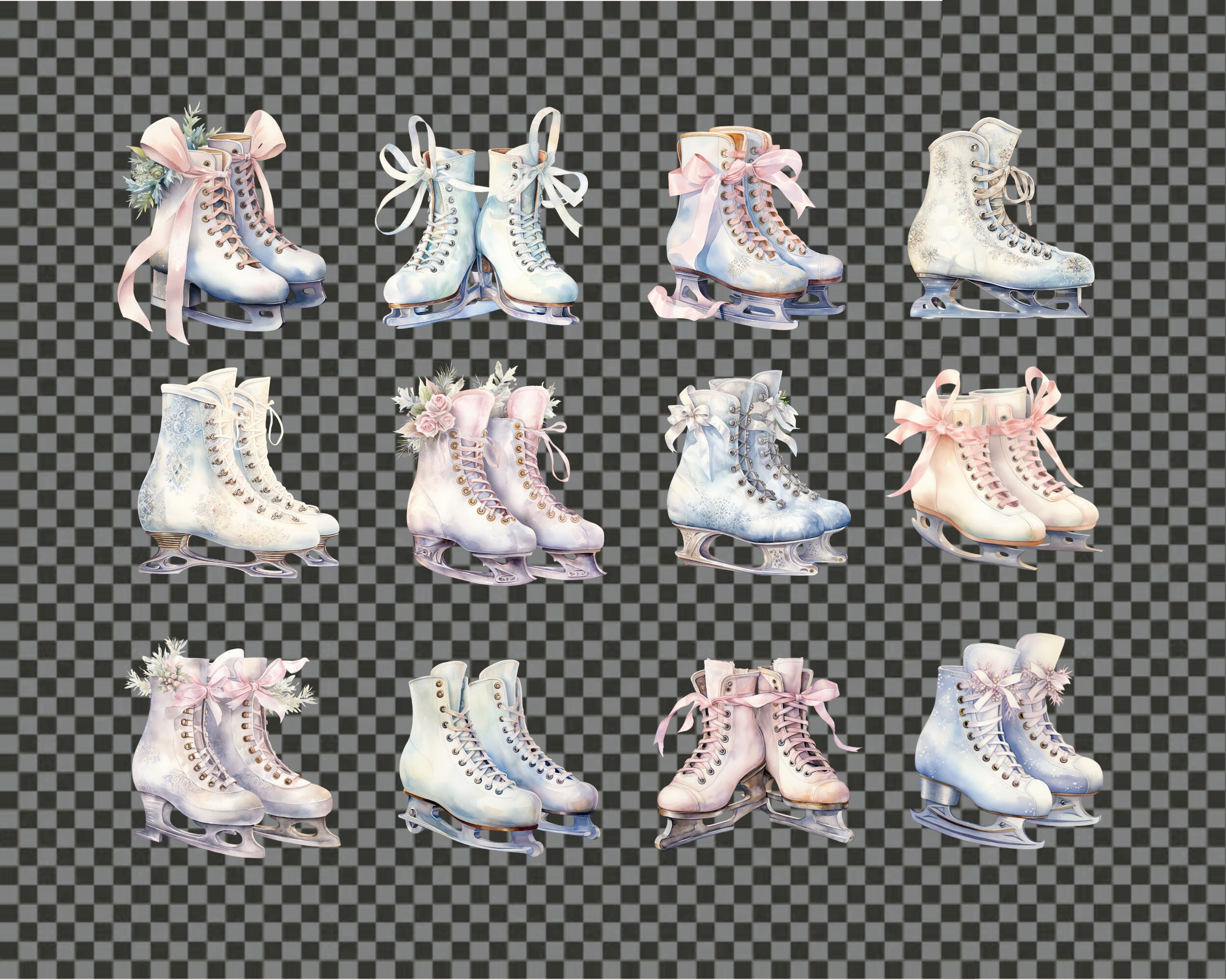 Watercolor Skates Clipart Bundle, Winter Ice Skates Clipart Pack, Pink ...